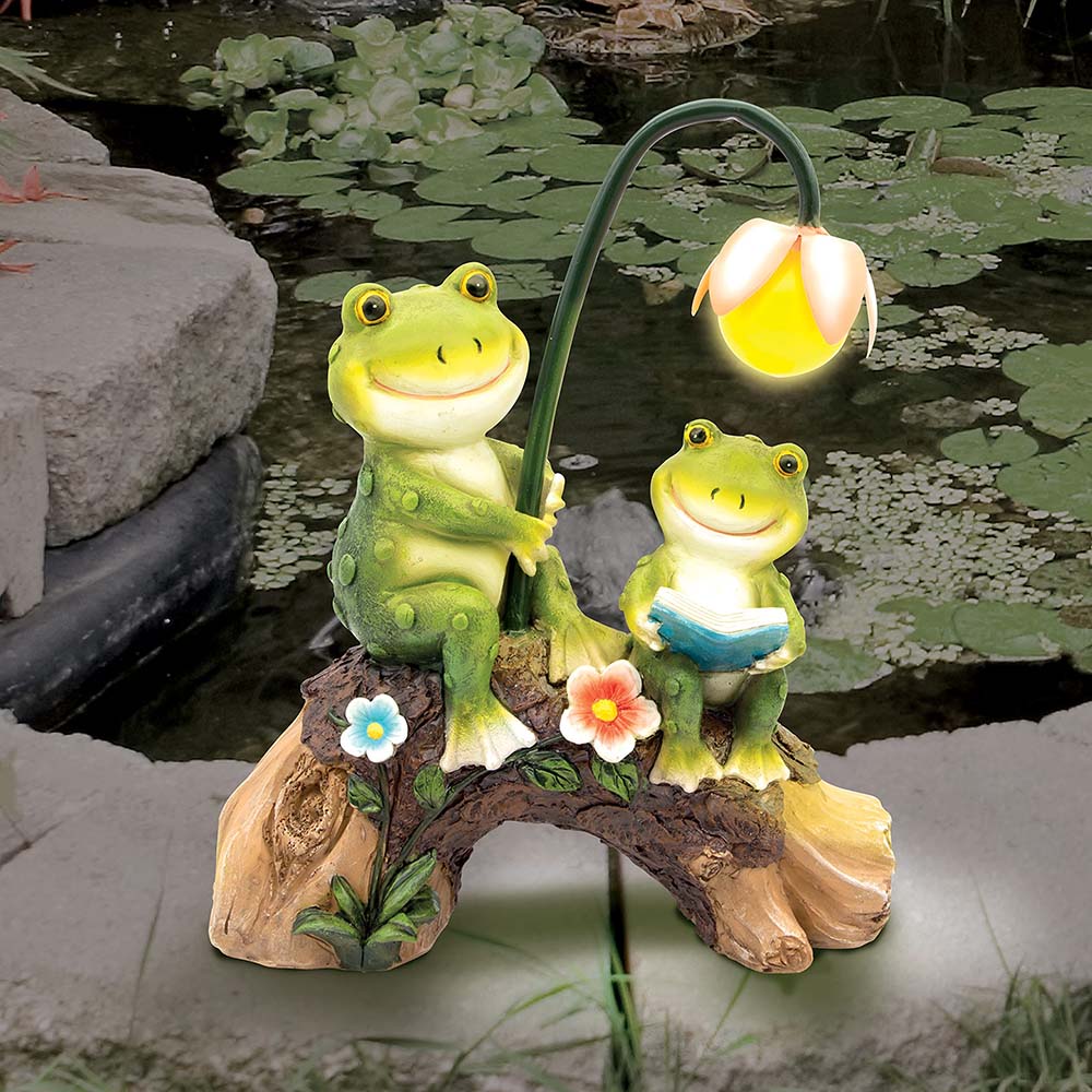 Solar Frog Family Reading on Log - Outdoor Garden Light Statue